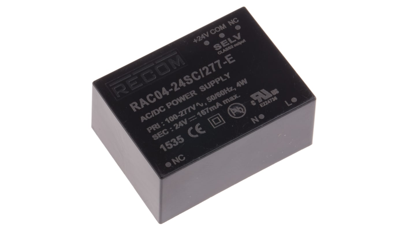 Recom Switching Power Supply, RAC04-24SC/277-E, 24V dc, 167mA, 4W, 1 ...