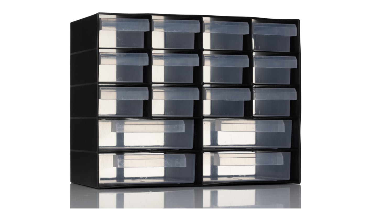 RS PRO 16 Drawer Unit, PP, 210mm x 270mm x 130mm, Black | RS