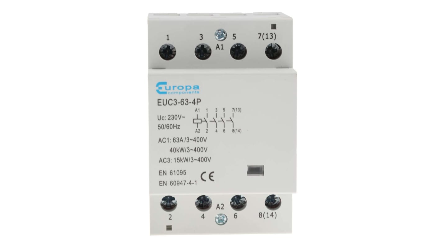 EUC3-63-4P | Europa Contactor, 230 V ac Coil, 4-Pole, 63 A, 40 kW, 4NO ...