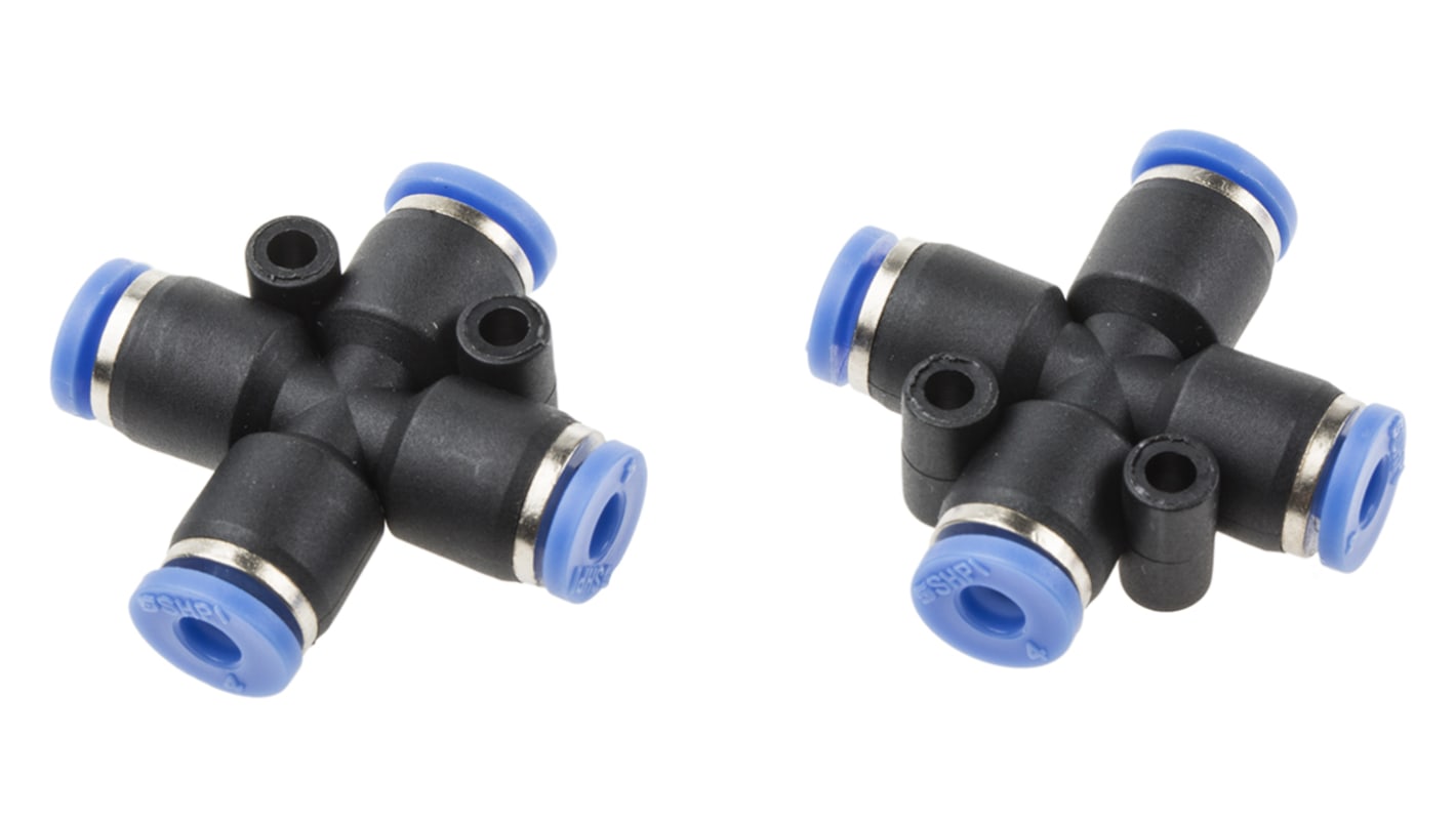RS PRO Cross Tube-to-Tube Adaptor, Push In 4 mm to Push In 4 mm, Tube ...