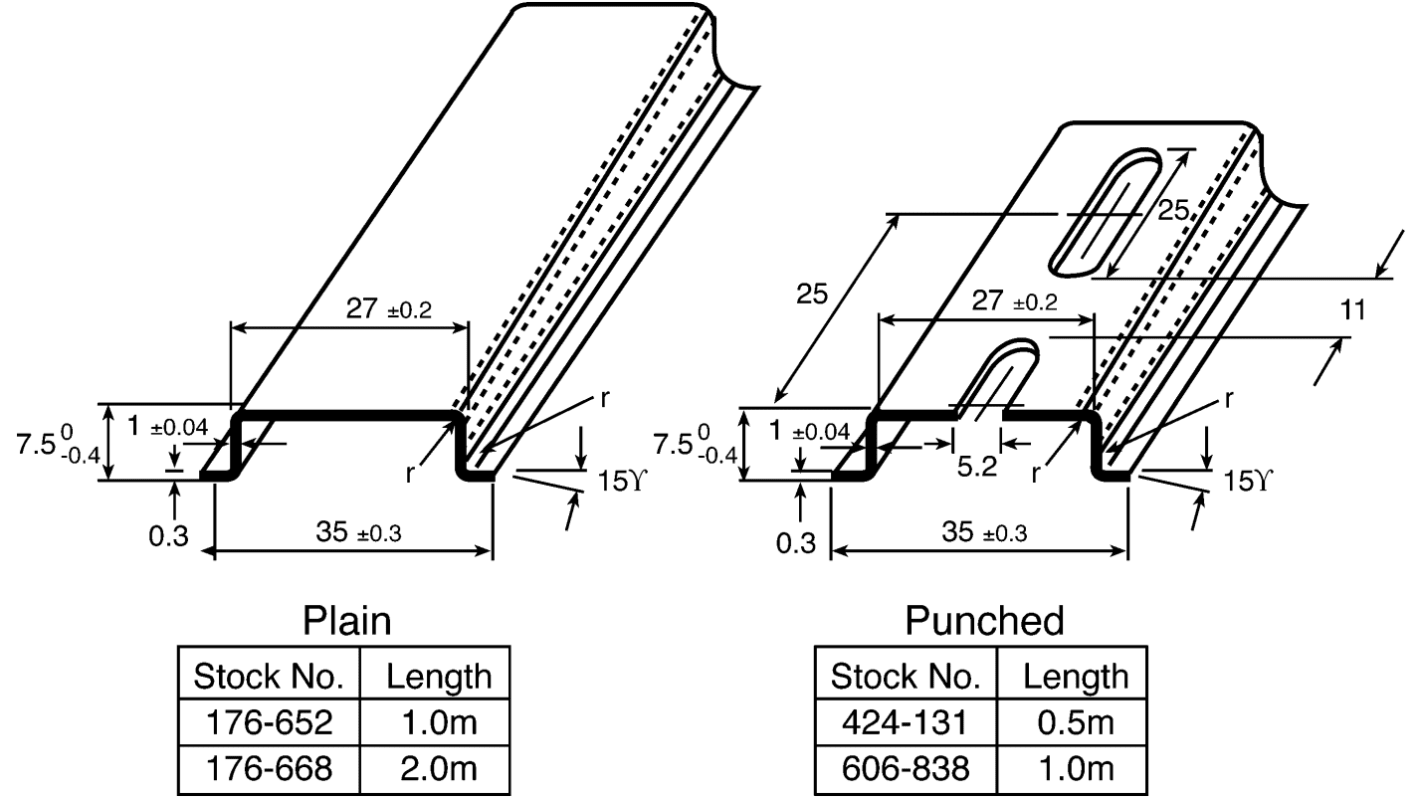 Rail DIN 8888 2m x 35mm x 7.5mm, Non fendu, Rail oméga en Acier | RS