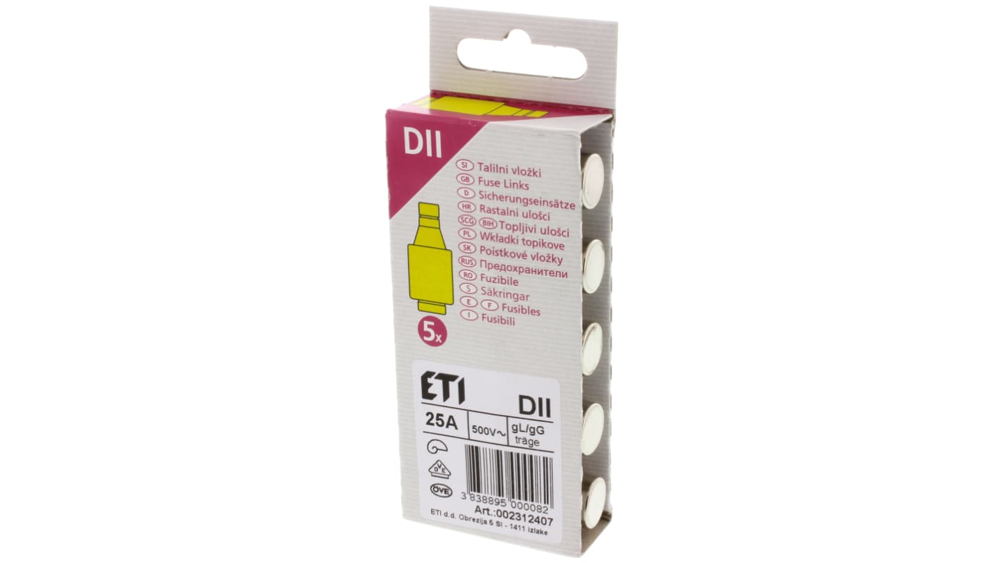 2312407 | ETI 25A DII Diazed Fuse, E27 Thread Size, gG - gL, 500V ac | RS