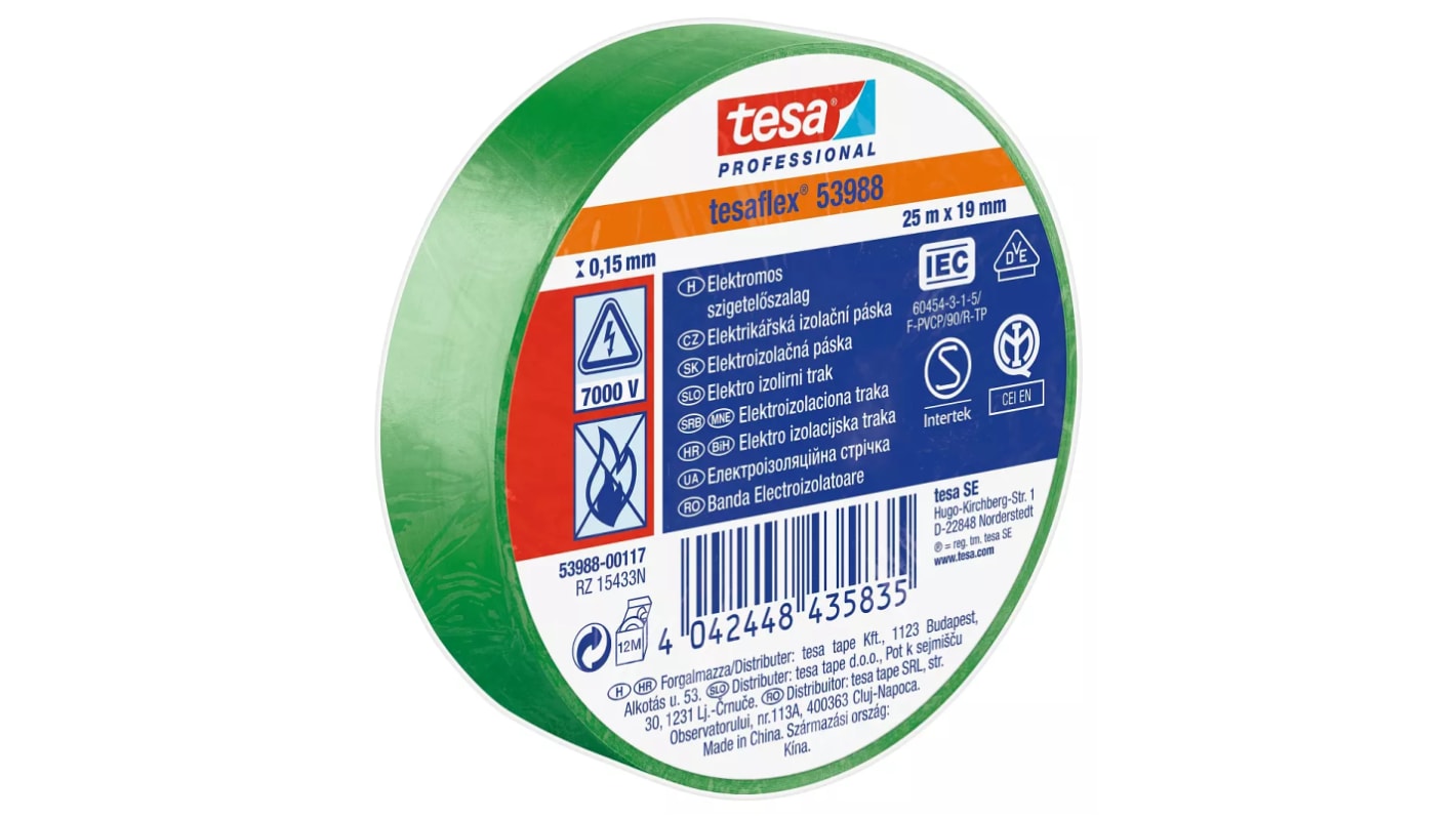 Tesa 53988 Green PVC Electrical Tape, 19mm x 25m | RS