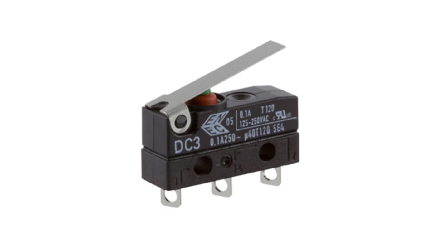 DC3C-A1LB | ZF Short Lever Micro Switch, Solder Terminal, 100 mA @ 30 V dc, SPDT, IP6K7 | RS