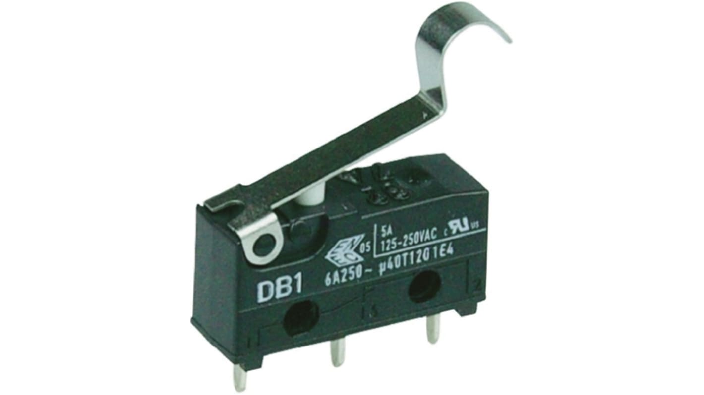 DB1C-C1SC | ZF Simulated Roller Lever Micro Switch, Through Hole Terminal, 6 A @ 250 V ac, SPDT | RS