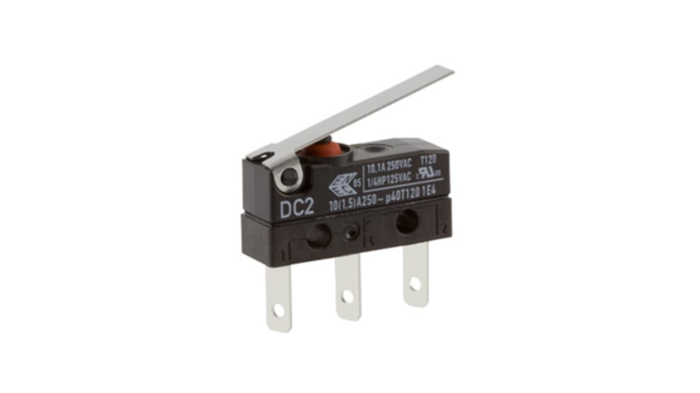 DC2C-L1LC | ZF Hinge Lever Micro Switch, Tab Terminal, 10.1 A @ 250 V ac, SPDT, IP6K7 | RS