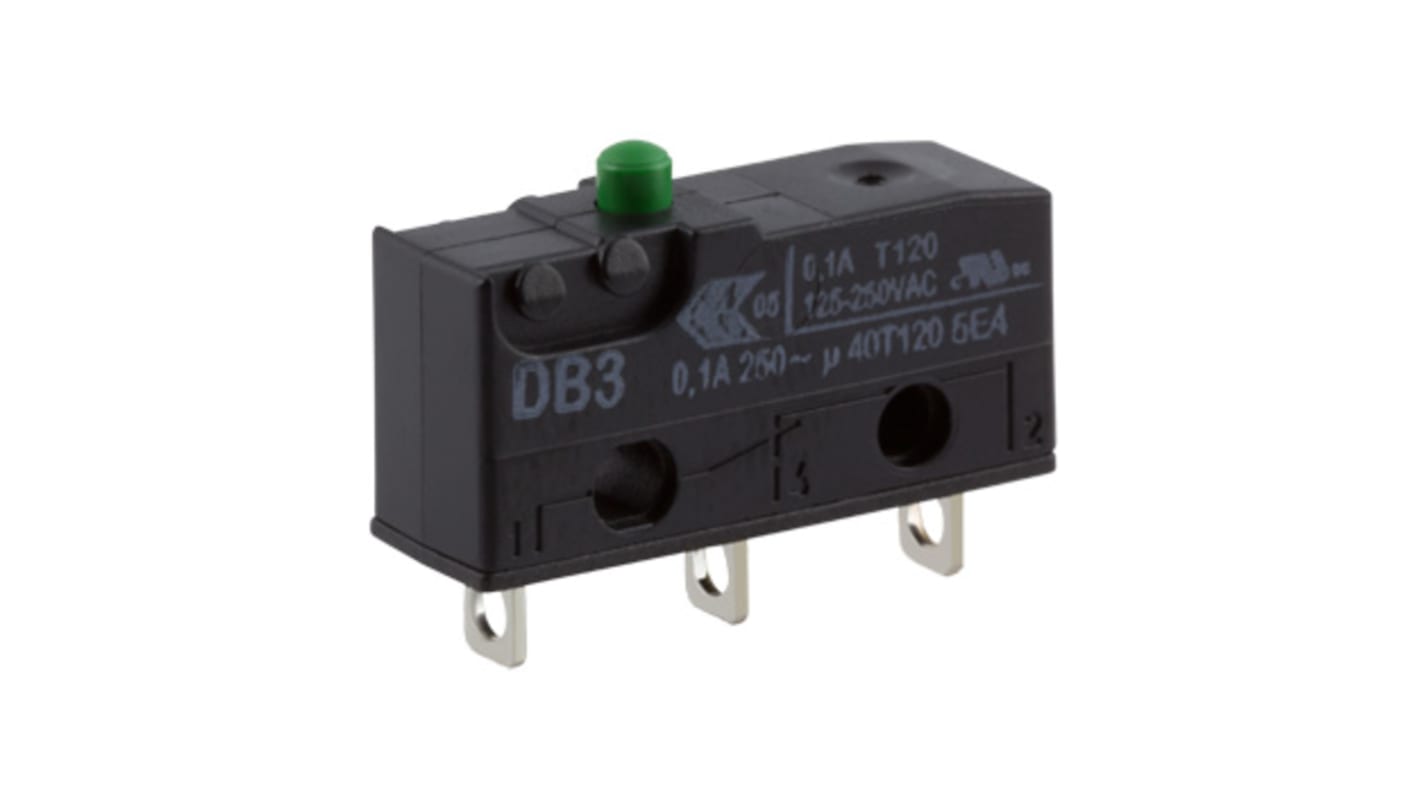 DB3C-A1AA | ZF Button Micro Switch, Solder Terminal, 100 mA @ 30 V dc, SPDT | RS