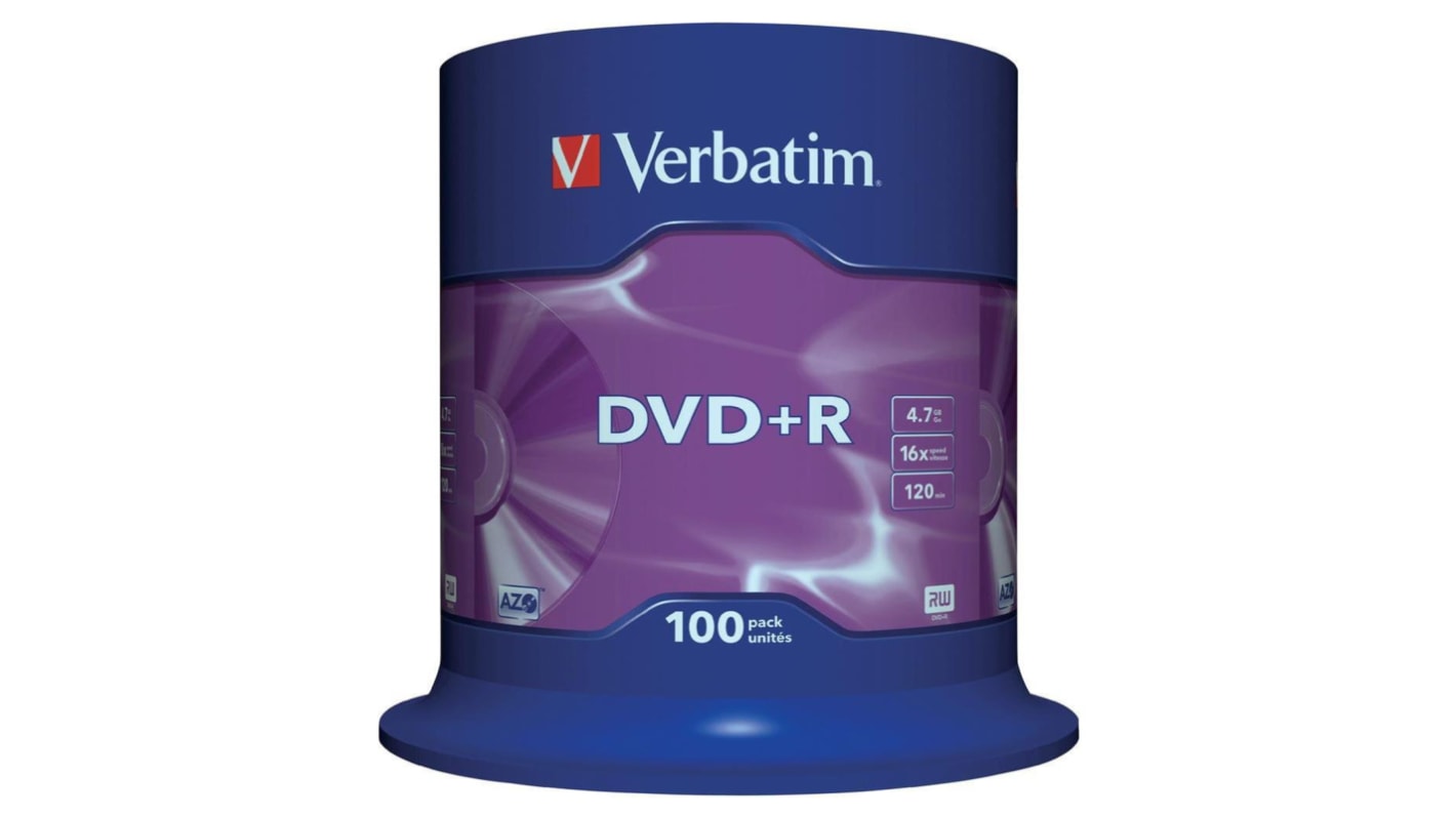 43551 | Verbatim DVD+R, 4.7 GB, 16X, 100 Pack | RS