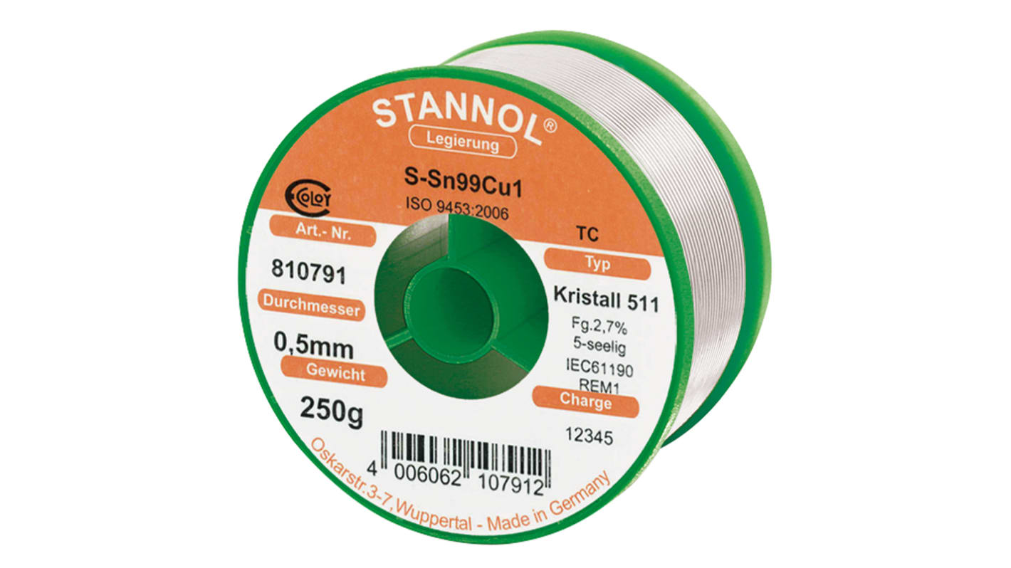 810791 | Stannol Wire, 0.5mm Lead Free Solder, 227°C Melting Point | RS