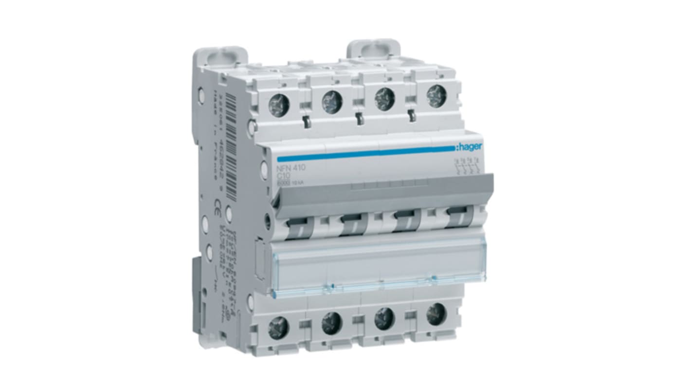 NGN416 | Hager NGN MCB, 4P, 16A Curve D, 230 → 400V AC, 6 kA Breaking Capacity | RS