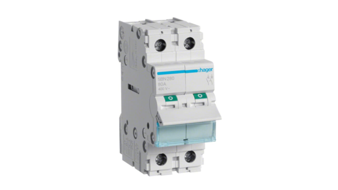 SBN280 | Hager 2P Pole Isolator Switch - 80A Maximum Current, IP20 | RS