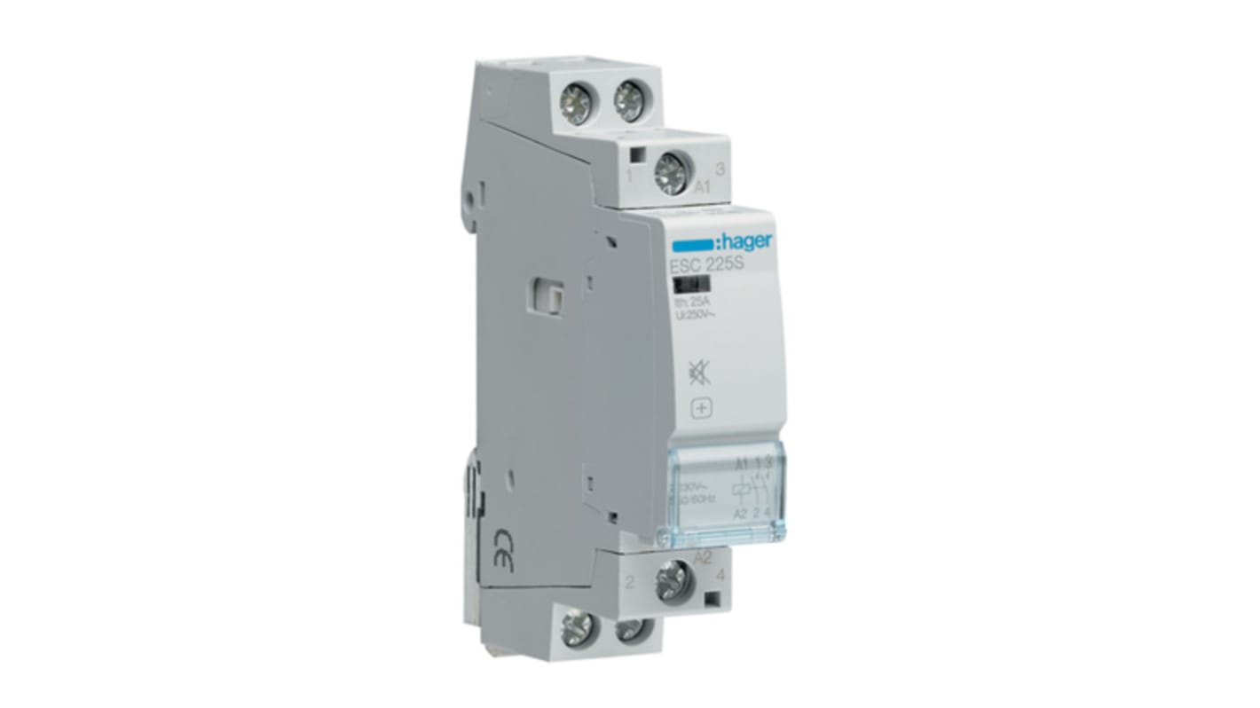 ESC225S | Hager System M Pro ESC Contactor, 230 V ac Coil, 2-Pole, 25 A, 2.2 VA, 2NO, 400 V ac | RS