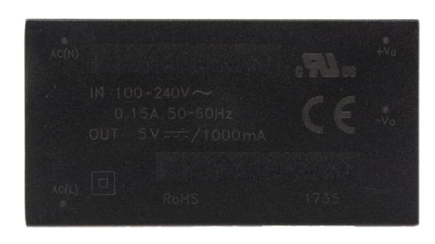 RS PRO Switching Power Supply, 5V dc, 1A, 5W, 1 Output, 264 V ac, 370 V ...