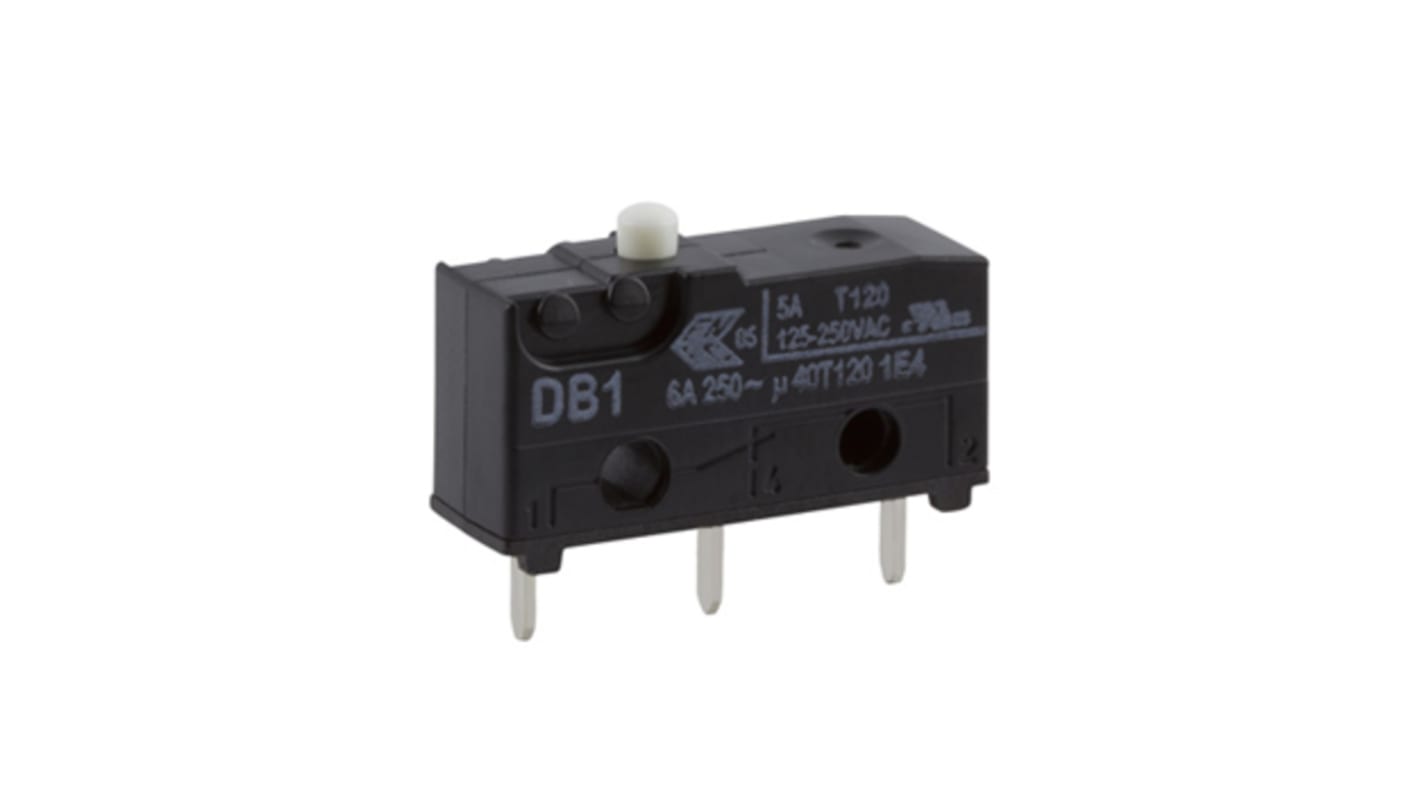 DB1C-C1AA | ZF Button Micro Switch, Through Hole Terminal, 6 A @ 250 V ac, SPDT | RS
