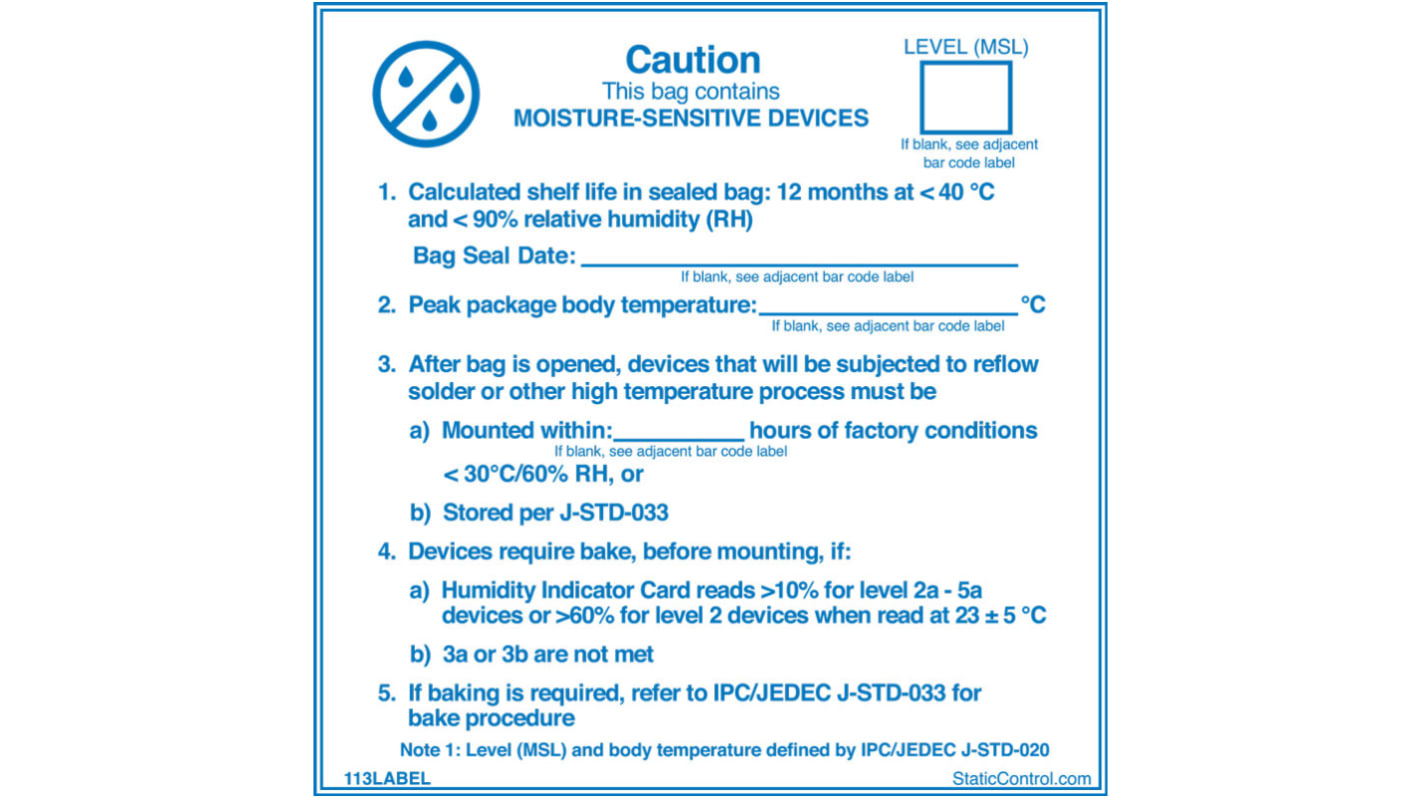 113LABEL | SCS Blue Paper ESD Label, Moisture Sensitive Caution Label ...