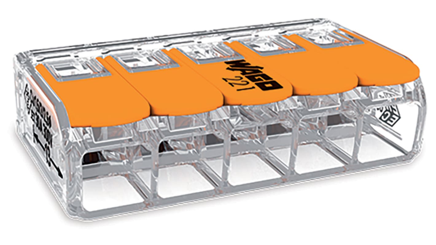 221-615 | Wago 221 Series Terminal Block, 5-Way, 41A, 0.5 → 6 mm², 20 → ...