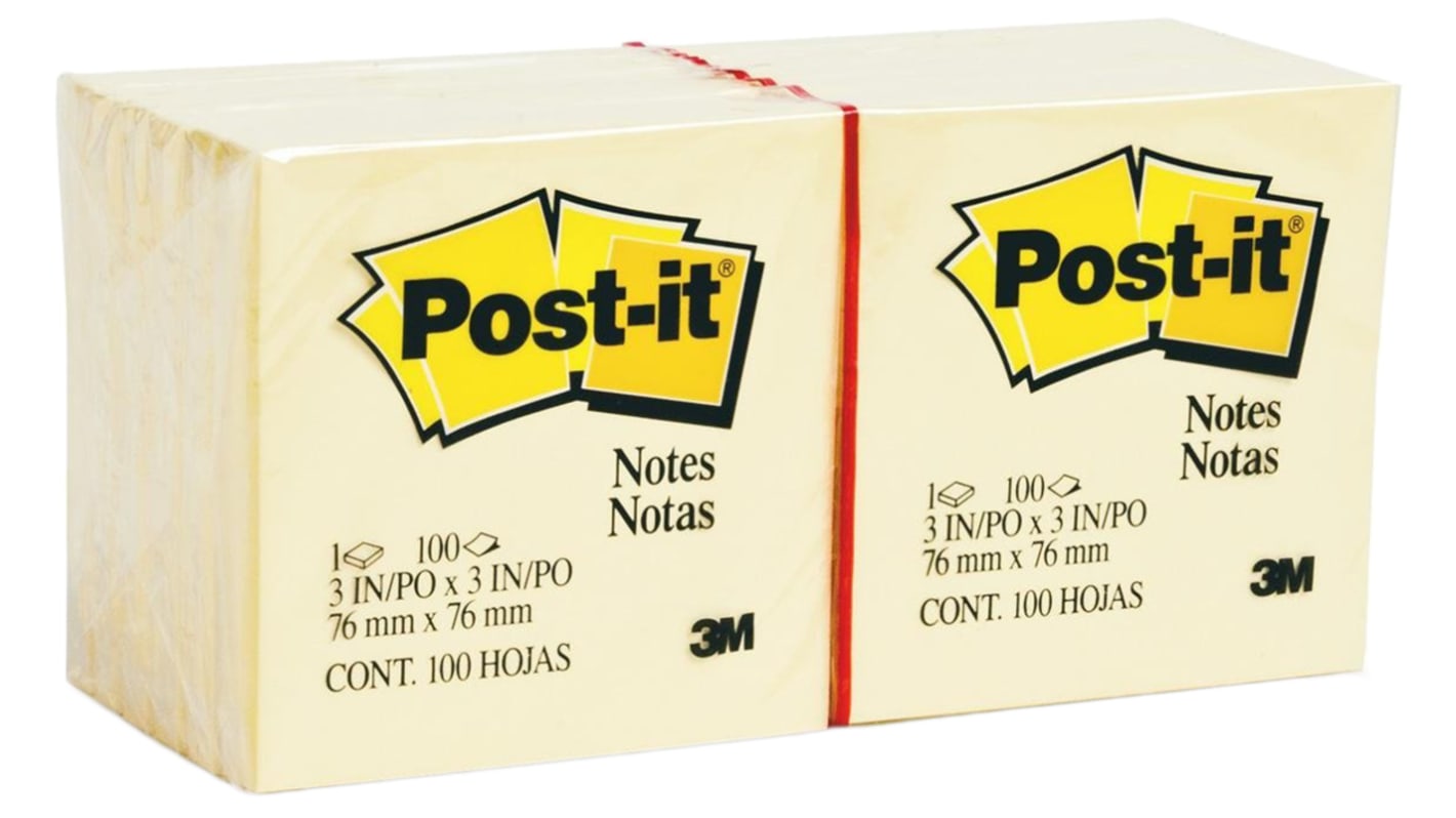 654 | Post-It Yellow Sticky Note, 100 Notes per Pad, 76mm x 76mm | RS