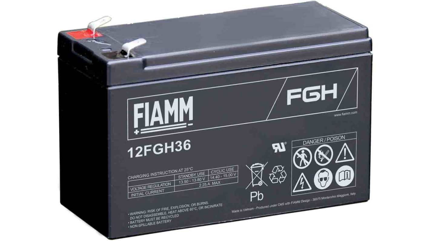12FGH36 | Fiamm 12V Faston F2 Sealed Lead Acid Battery, 9Ah | RS