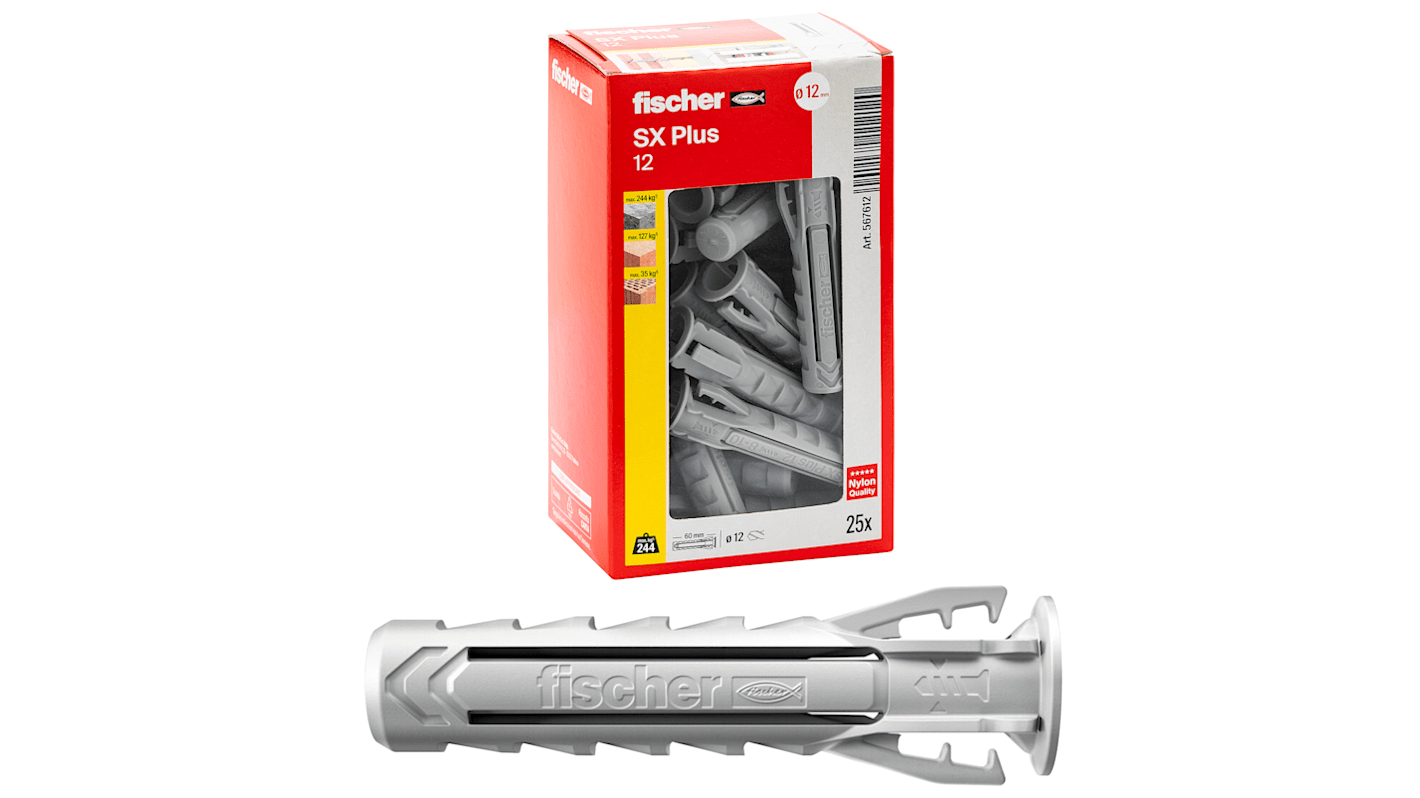 567612 | Tassello in Nylon Fischer Fixings, Ø fissaggio 12mm, L. 60mm | RS