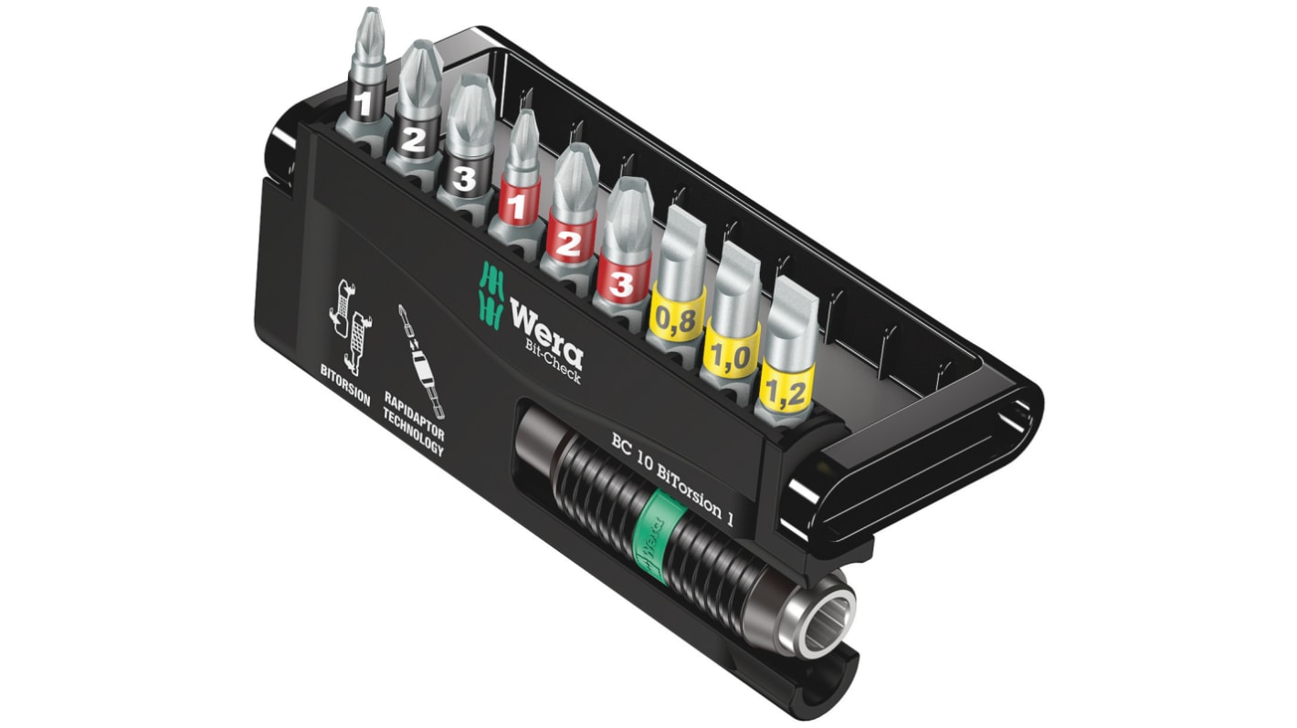 05056374001 | Wera Driver Bit Set 10 Pieces, Hexagon, Phillips, Pozidriv, Slotted | RS