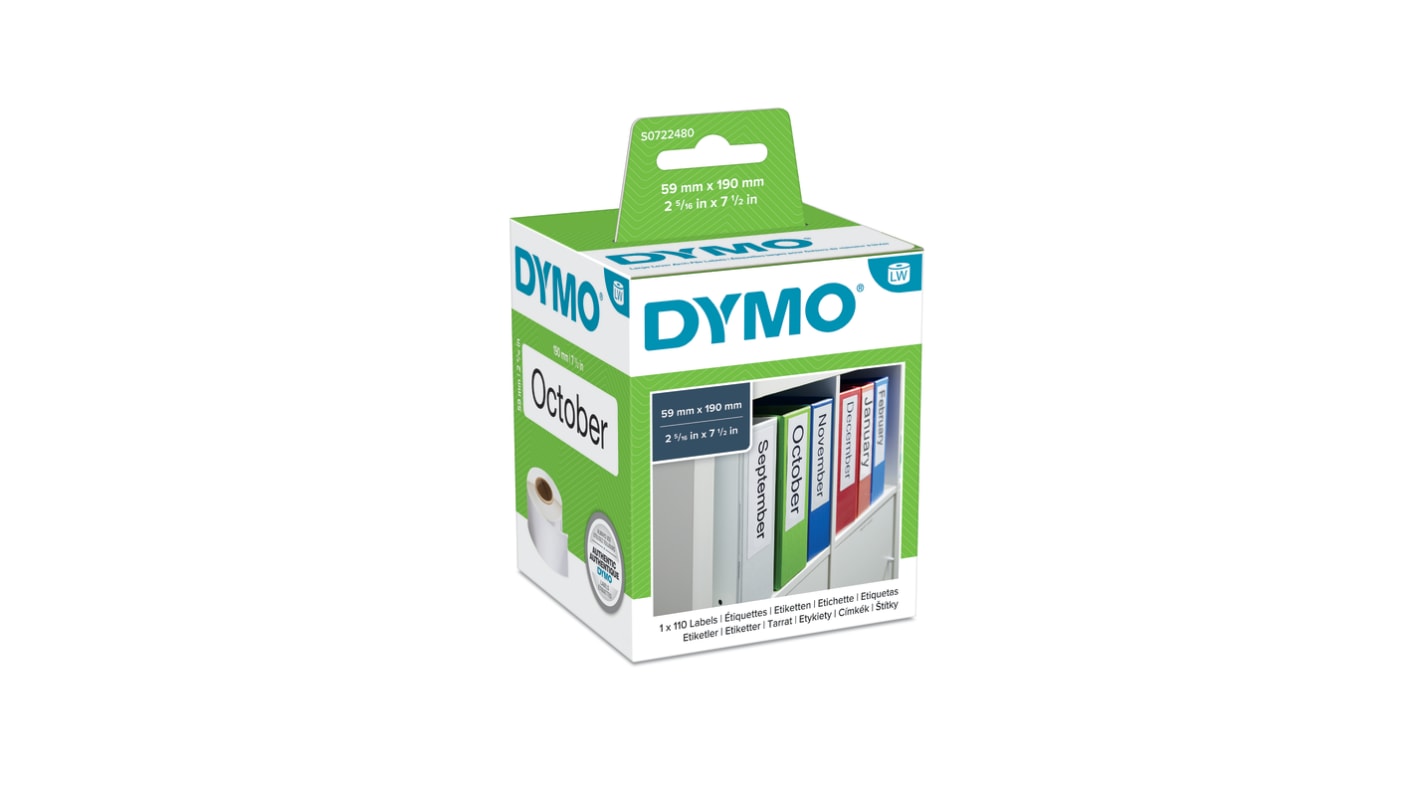S0722480 | Dymo White Black Print Label Roll, 190mm Width, 59mm Height ...