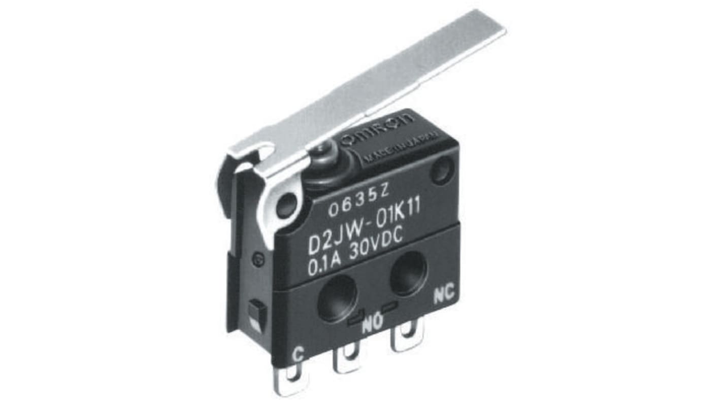 D2JW-01K21-MD | Omron Roller Lever Micro Switch, Pre-wired Terminal, 100 mA @ 30 V dc, SPDT ...