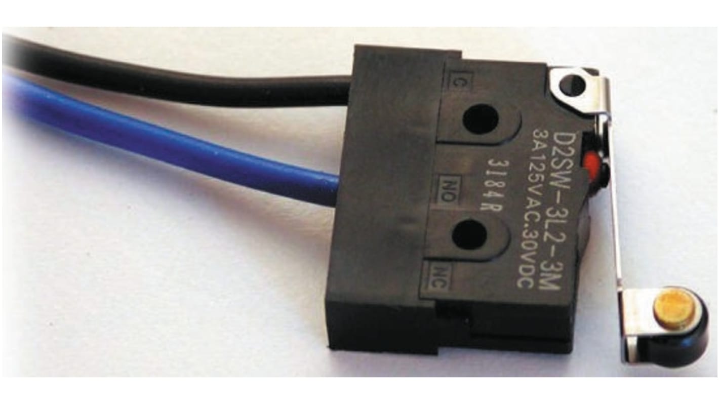 D2SW-01L2-3M | Omron Roller Lever Micro Switch, Pre-wired Terminal, 100 mA @ 30 V dc, SPST, IP67 ...