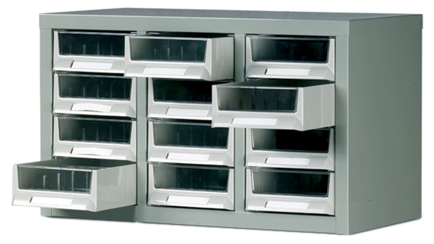 RS PRO 12 Drawer Storage Unit, Steel, 350mm x 586mm x 290mm, Grey | RS