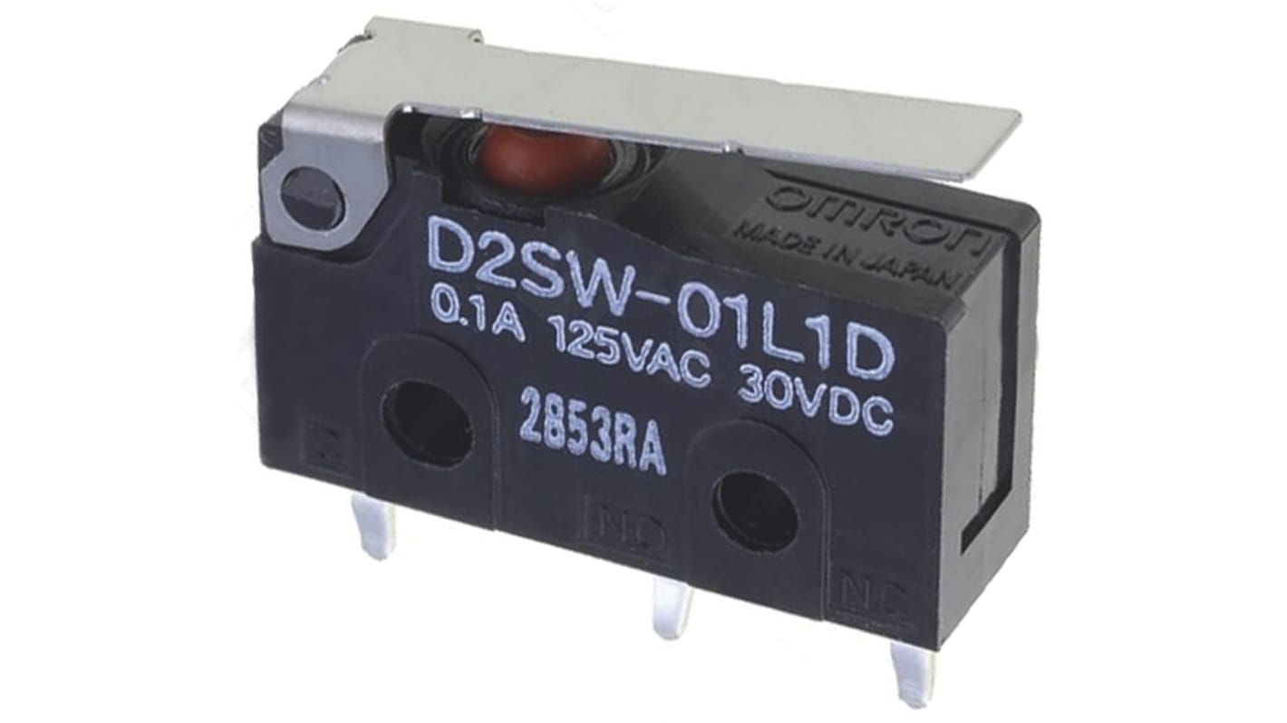 D2SW-01L1D | Omron Hinge Lever Microswitch, PCB Terminal, 100 mA @ 30 V dc, SPDT, IP67 | RS