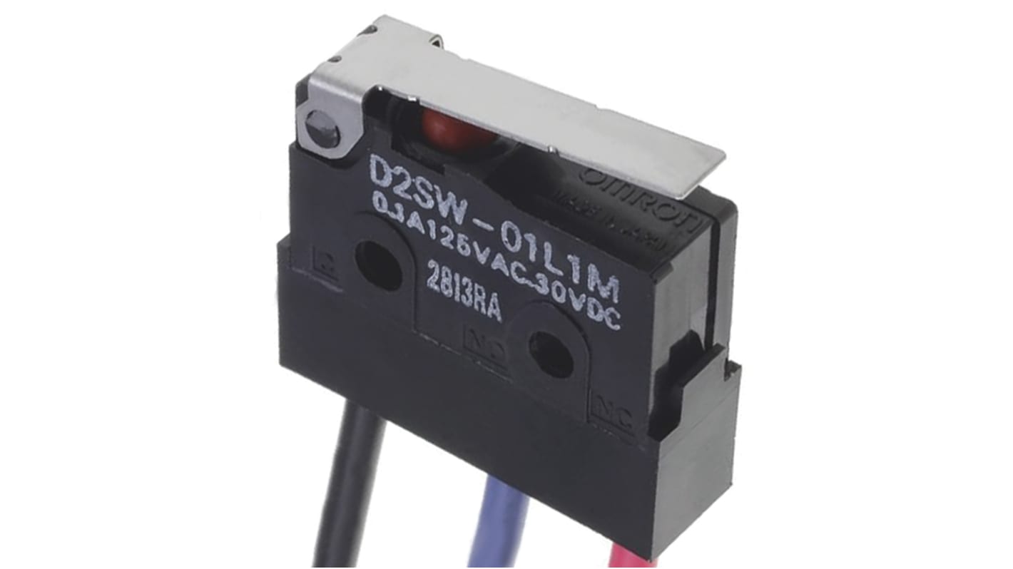 D2SW-3L1MS | Omron Hinge Lever Micro Switch, Pre-wired Terminal, 3 A @ 30 V dc, SPDT, IP67 | RS