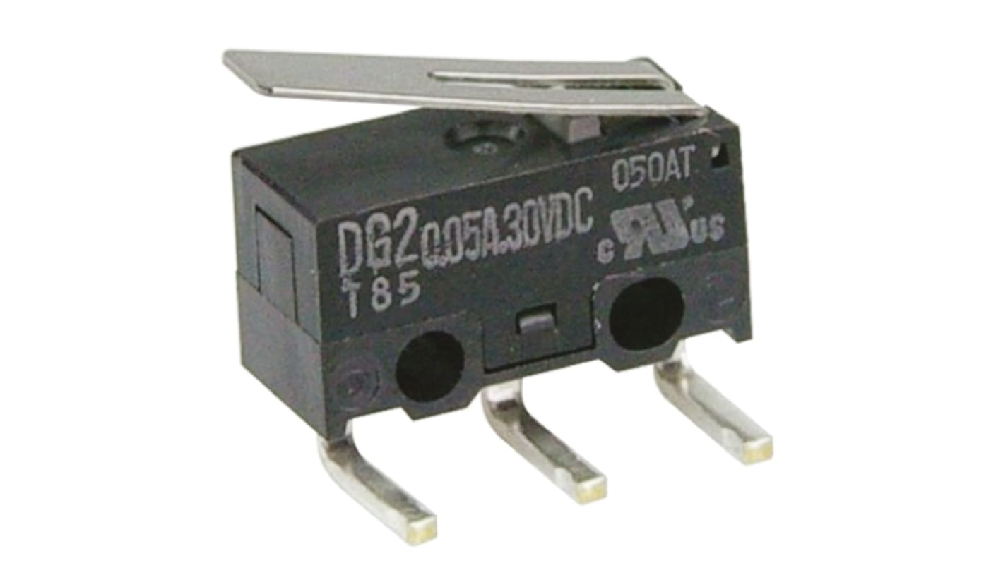 DG23-B2LA | ZF Hinge Lever Micro Switch, Right Angle PCB Terminal, 50 mA @ 30 V dc, SPDT | RS