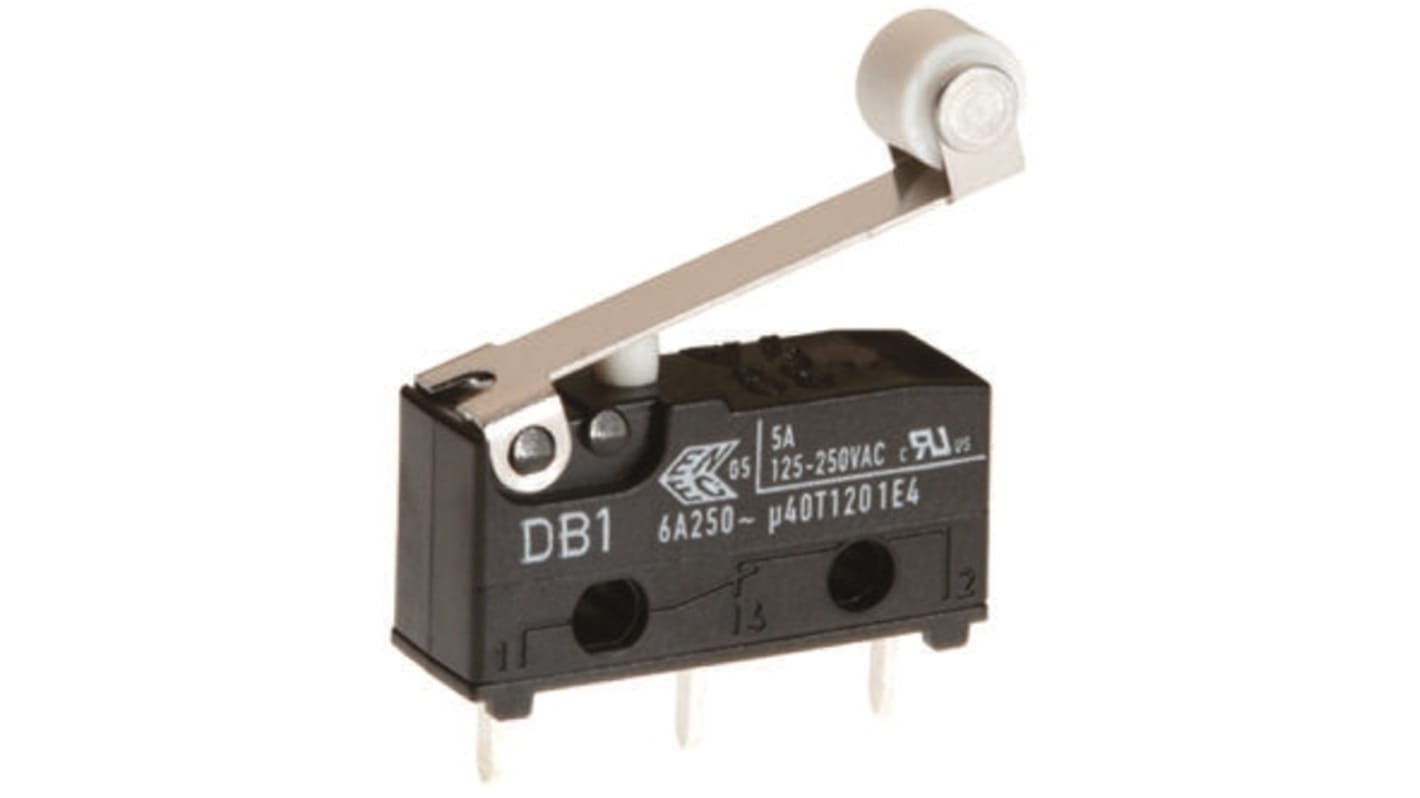 DB1C-C1RB | ZF Roller Lever Micro Switch, Through Hole Terminal, 6 A @ 250 V ac, SPDT | RS