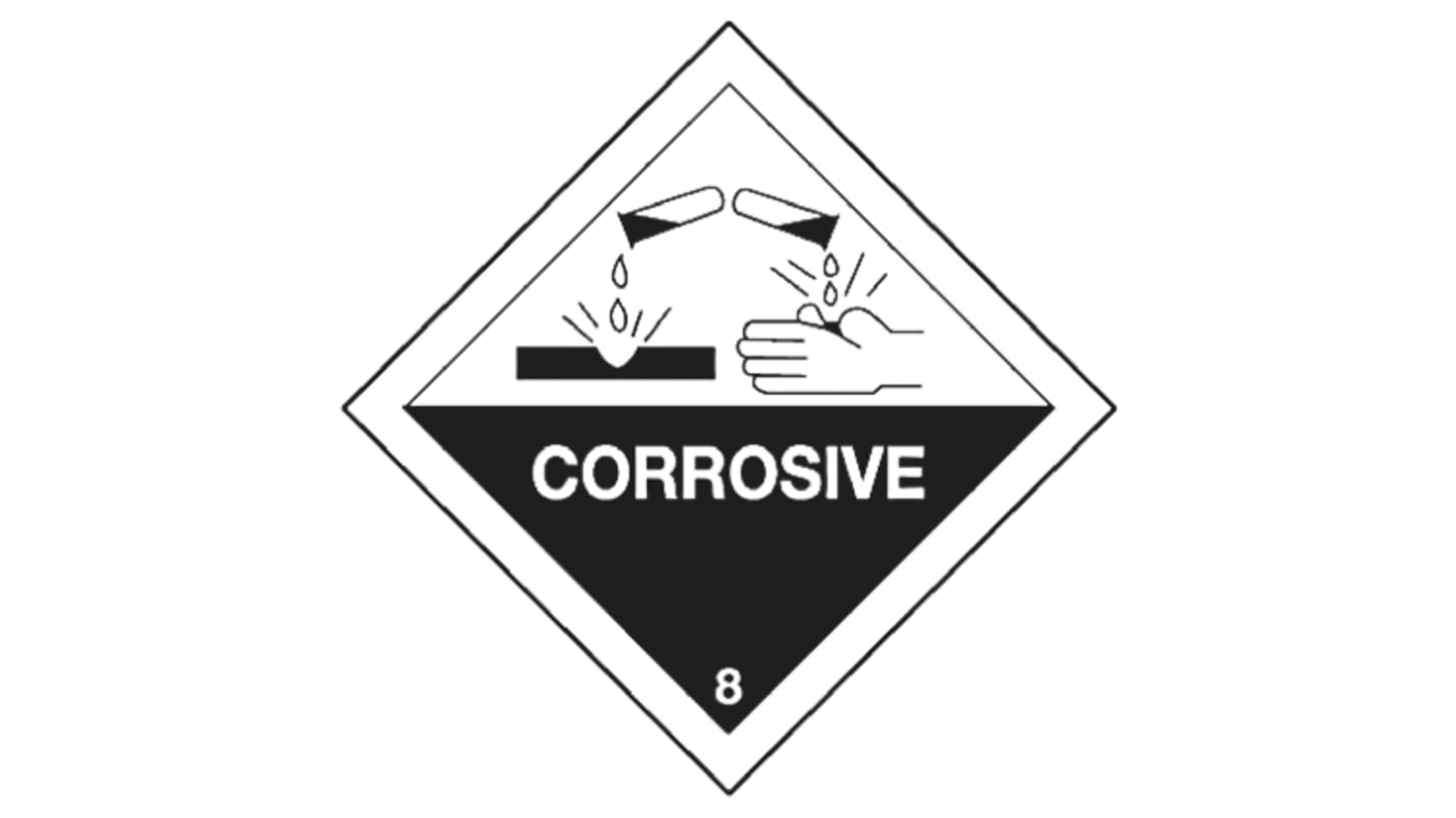 RS PRO Black/White Vinyl Safety Labels, Corrosive 8-Text 100 mm x 100mm ...