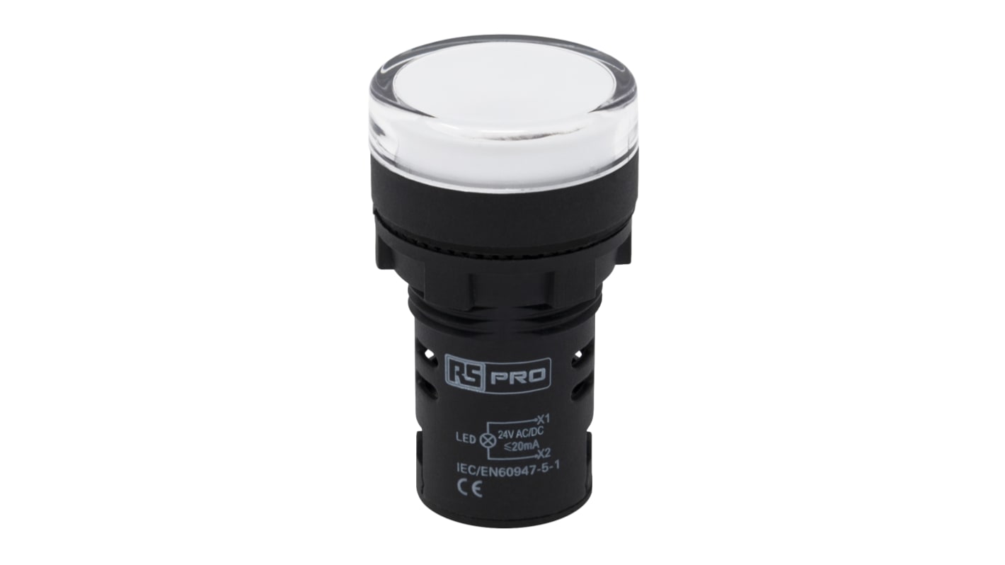 RS PRO, Panel Mount White LED Pilot Light, 22mm Cutout, IP65, Round ...