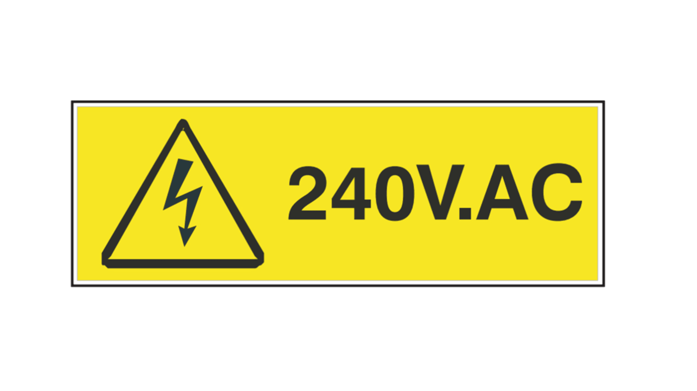 RS PRO Black/Yellow Vinyl Safety Labels, 240V AC-Text 20 mm x 60mm | RS