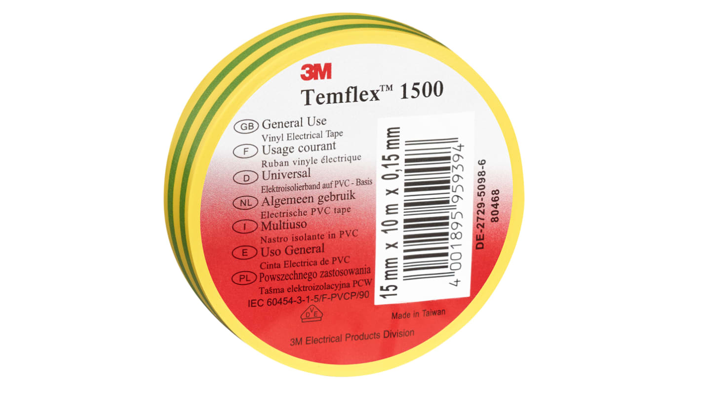 80475 | 3M Temflex 1500 Green/Yellow PVC Electrical Tape, 19mm x 20m | RS