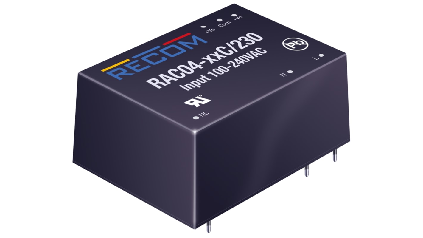 Recom Switching Power Supply, RAC04-05SC/230, 5V dc, 800mA, 4W, 1 ... Recom Switching Power Supply, RAC04-05SC/230, 5V dc, 800mA, 4W, 1 ...