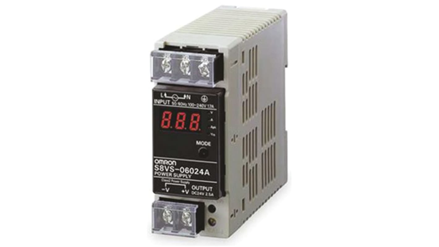 S8VS-06024A | Omron S8VS Switched Mode DIN Rail Power Supply, 85 → 264V ac ac Input, 24V dc dc ...