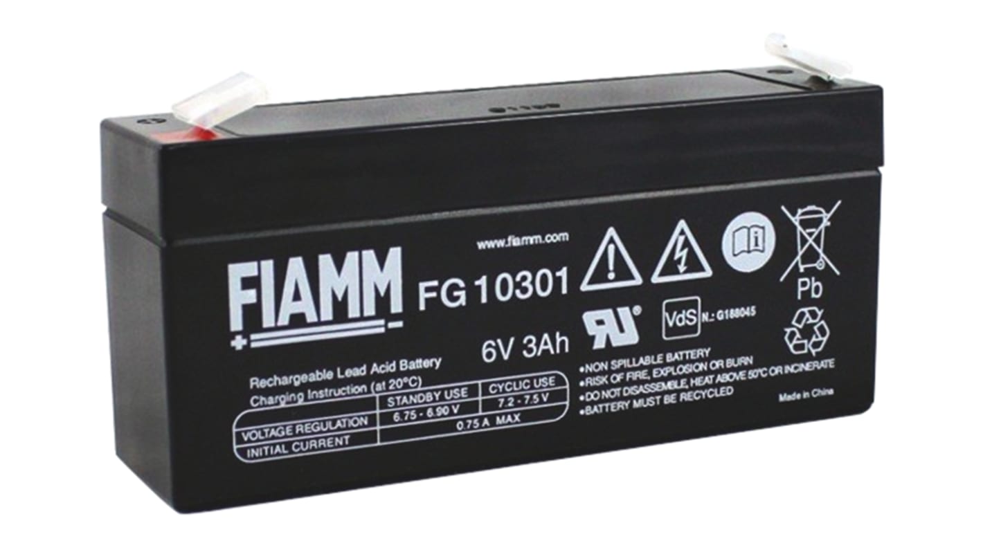 FG10301 | Fiamm 6V Faston F1 Sealed Lead Acid Battery, 3Ah | RS