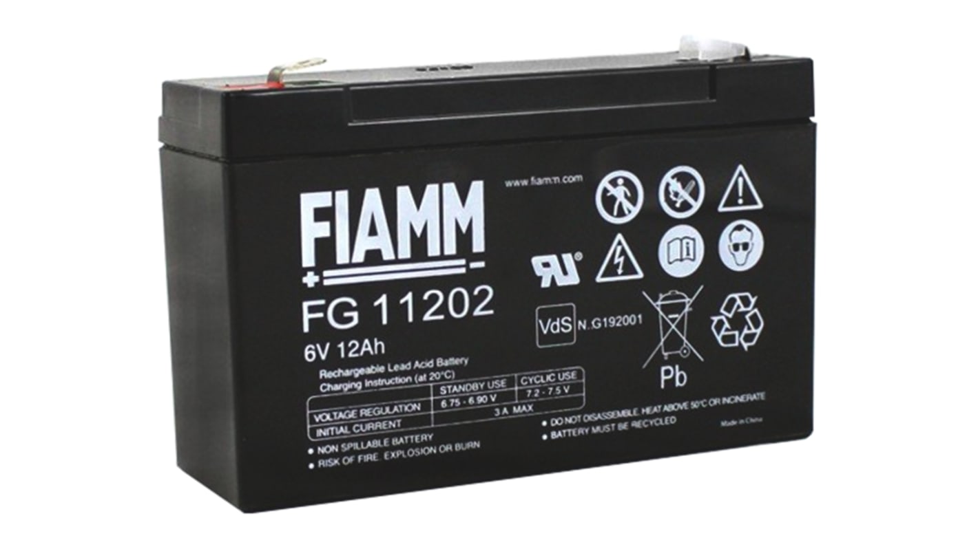 FG11202 | Fiamm 6V Faston F2 Sealed Lead Acid Battery, 12Ah | RS