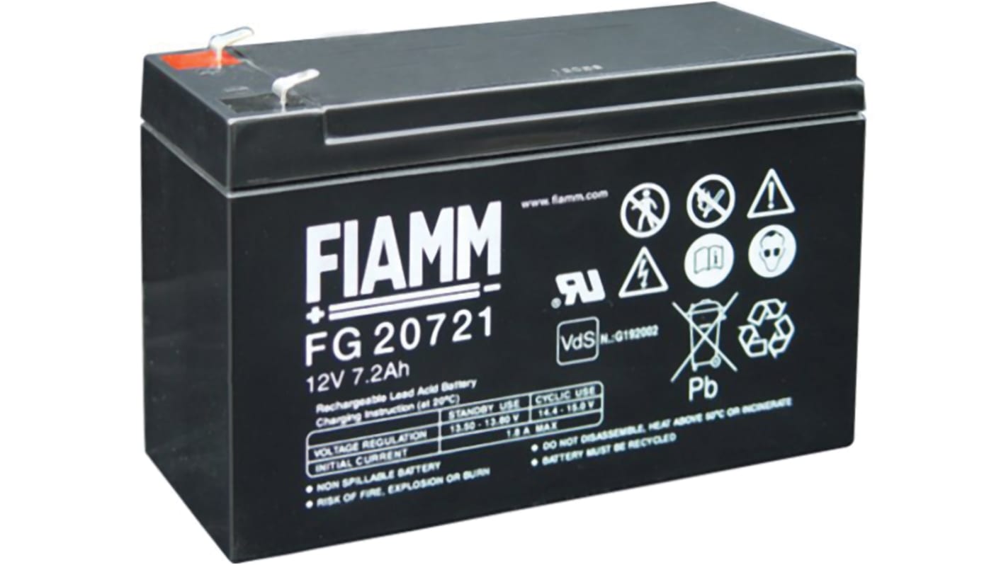 FG10721 | Fiamm 6V Faston F1 Sealed Lead Acid Battery, 7.2Ah | RS