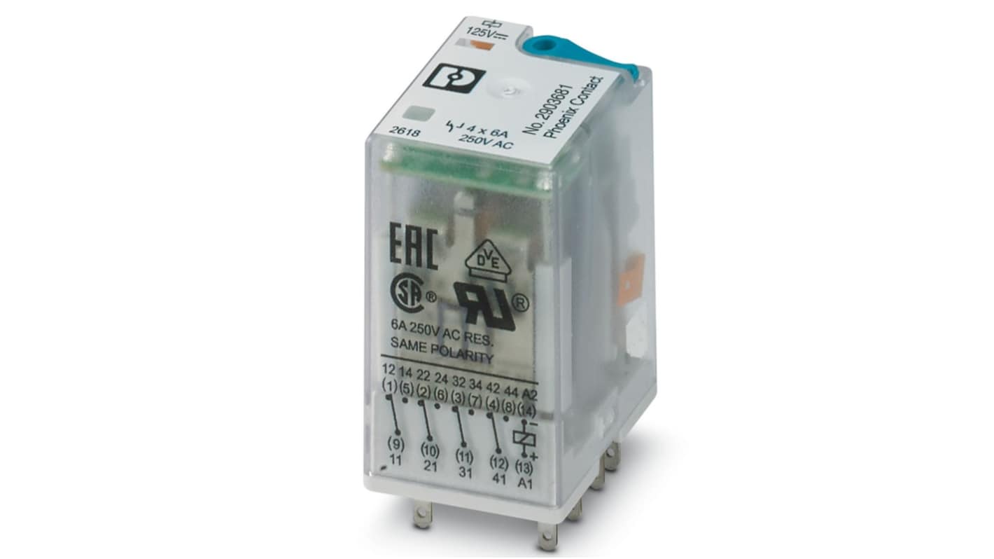 2903681 | Phoenix Contact Plug In Power Relay, 125V dc Coil, 4PDT | RS
