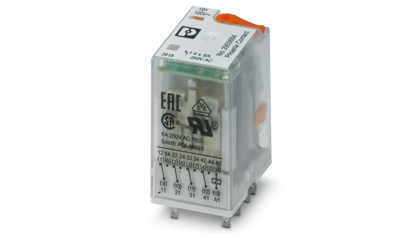 2903684 | Phoenix Contact Plug In Power Relay, 120V ac Coil, 4PDT | RS