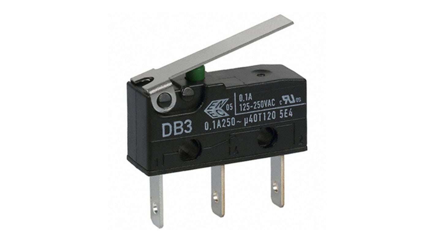DB3C-B1LB | ZF Straight Lever Micro Switch, Quick Connect Terminal, 100 mA, SP-CO, IP50 | RS