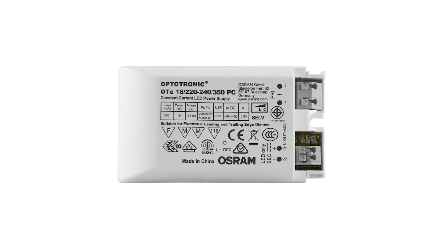 OTE 18/220-240/350 PC | Osram LED Driver, 27 → 54V Output, 19W Output ...