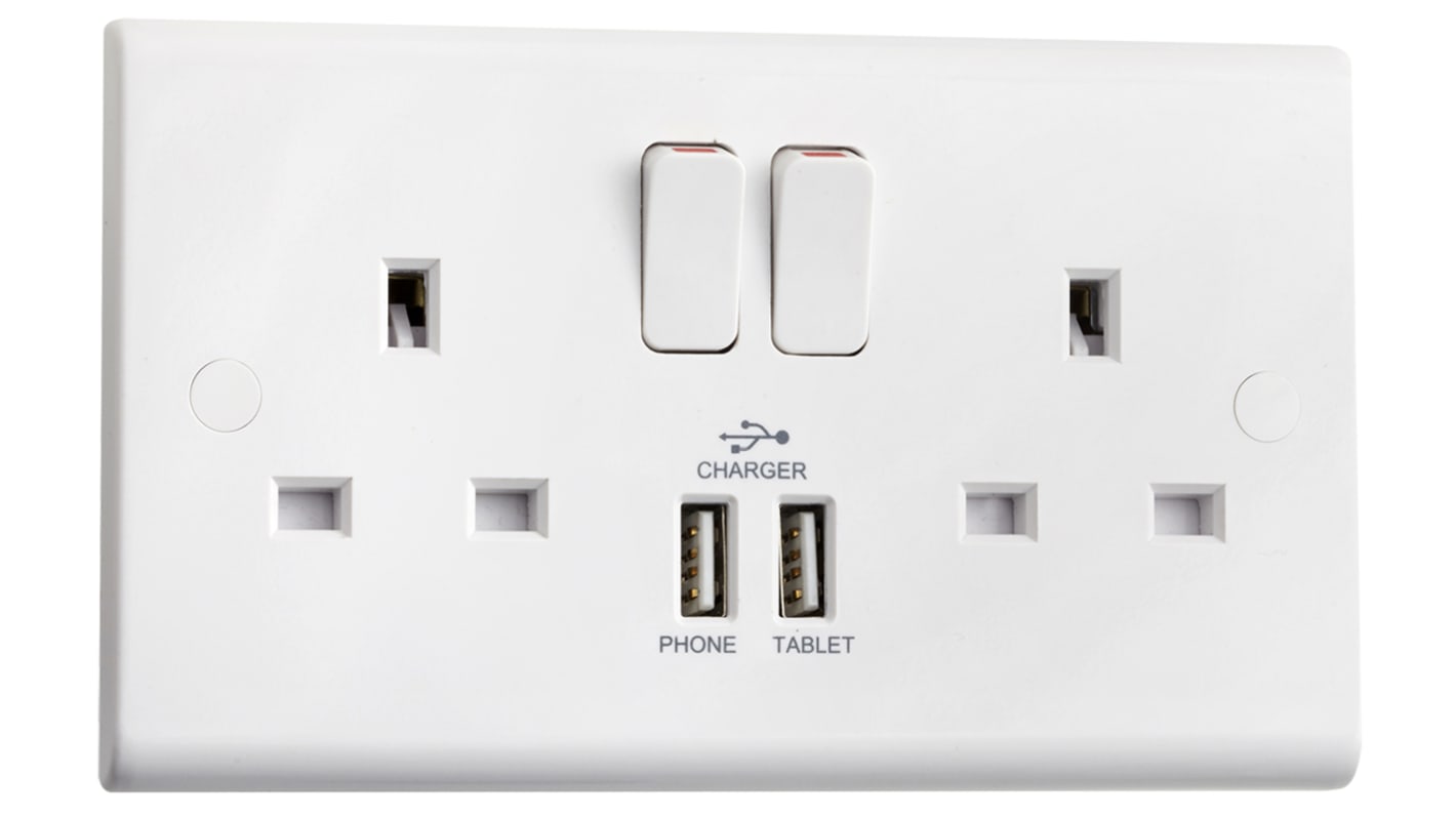 S1298 | Deta White 2 Gang 13A and USB Socket, 2 Poles, 13A, Type G ...