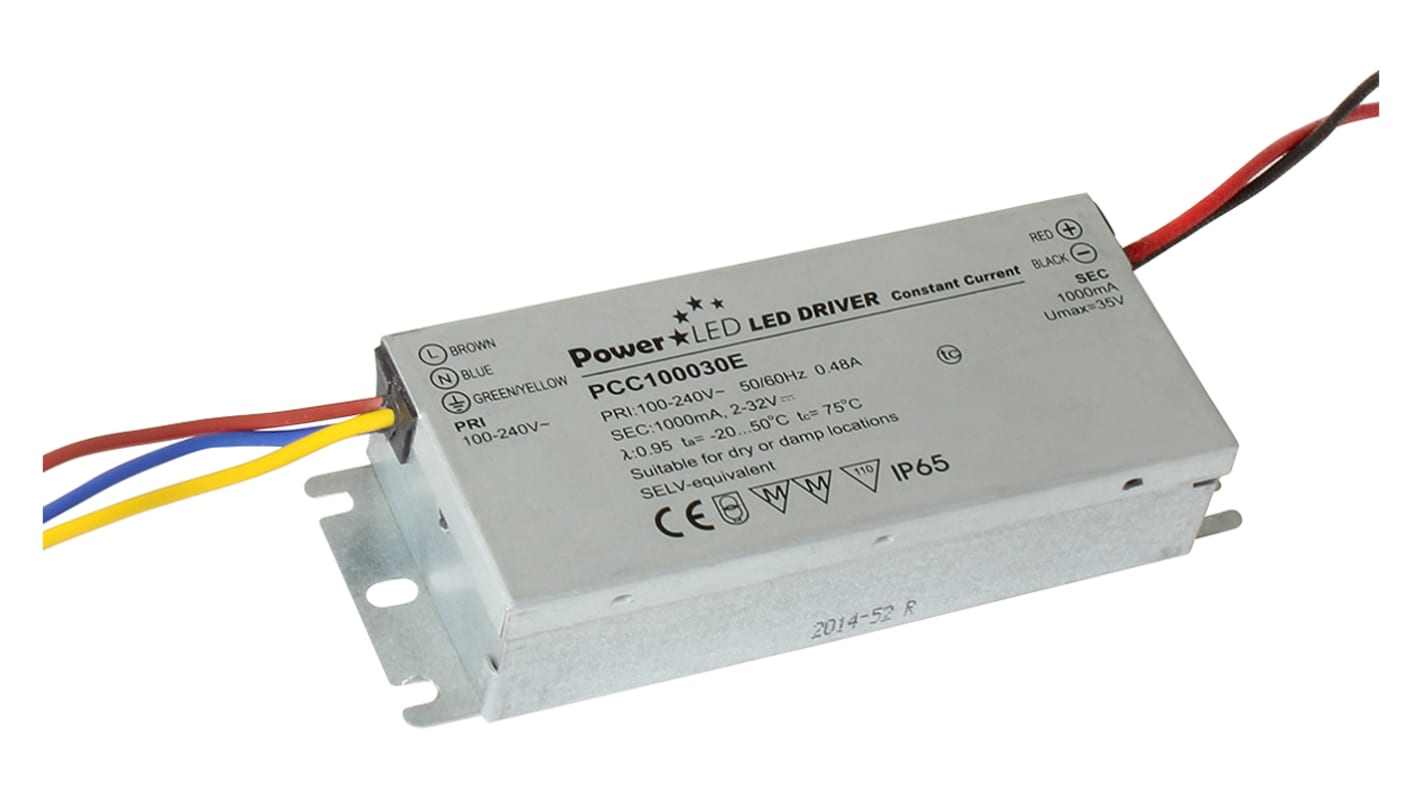 PCC100030E | PowerLED LED Driver, 2 → 32V Output, 30W Output, 1A Output, Constant Current | RS