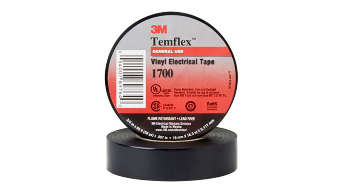 1700-SLP | 3M Temflex 1700 Black PVC Electrical Insulation Tape, 19mm x ...