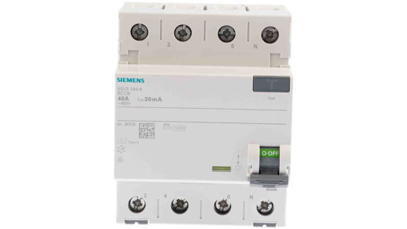Siemens 40A 4P RCCB, A型漏电开关, 30mA灵敏度, 400V, 5SV3系列 5SV3344-6 | RS