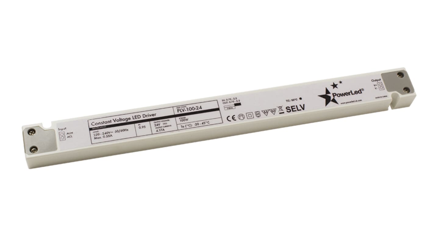 PLV-100-12 | PowerLED LED Driver, 12V Output, 100W Output, 8.33A Output, Constant Voltage | RS